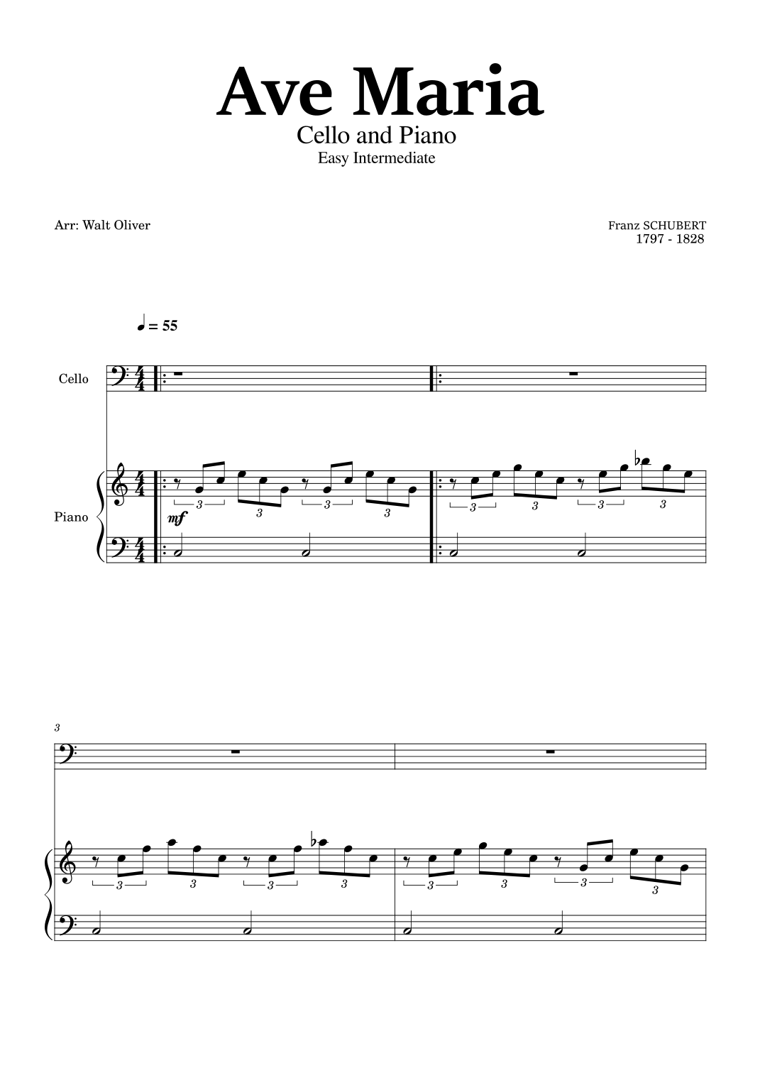 Ave Maria – Easy Intermediate Cello and Piano (arr. Walt Oliver by ...
