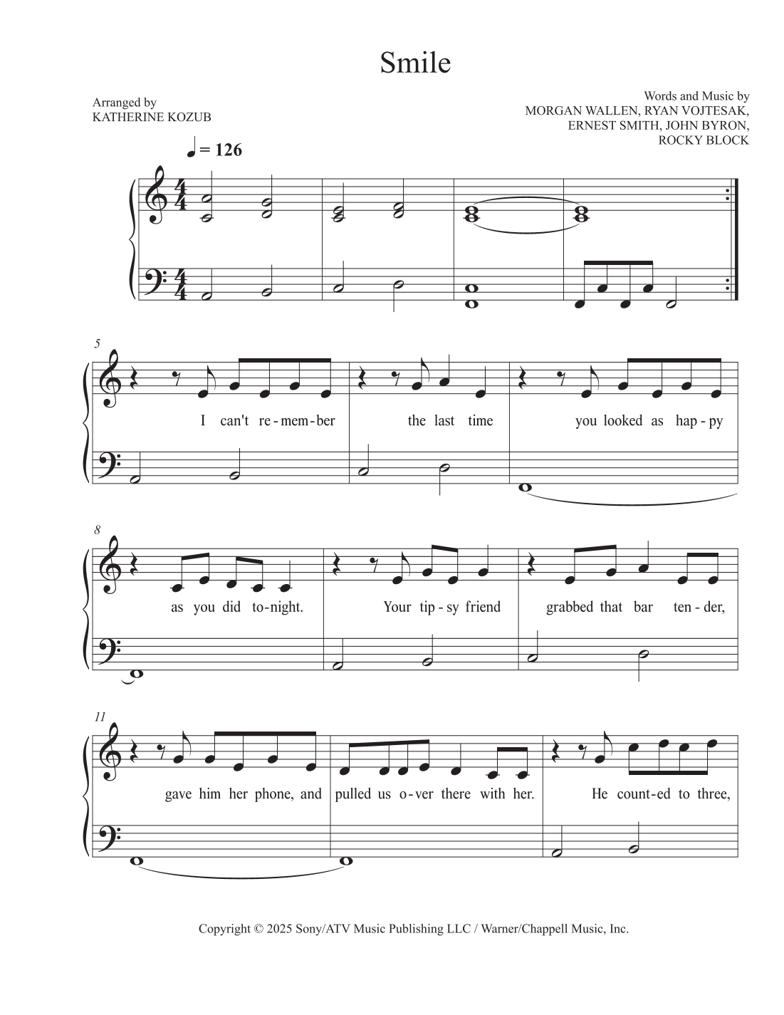 Smile (arr. Katherine Kozub) by Morgan Wallen Sheet Music for Easy ...