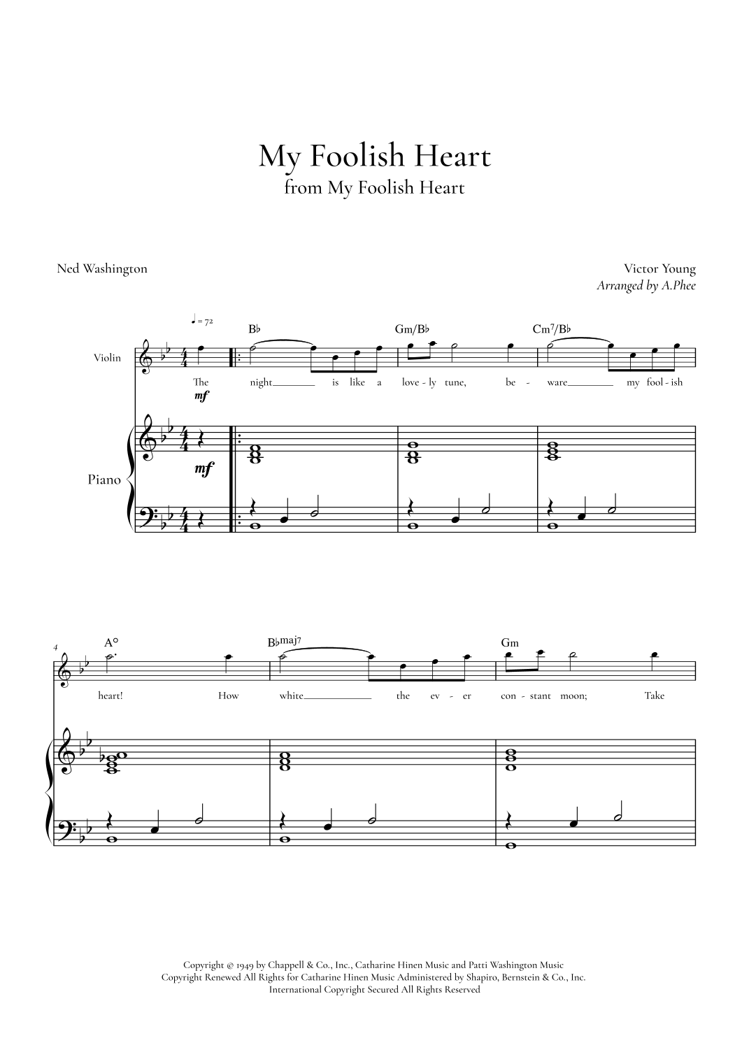 My Foolish Heart (arr. Phee) by Demensions Sheet Music for Violin and ...