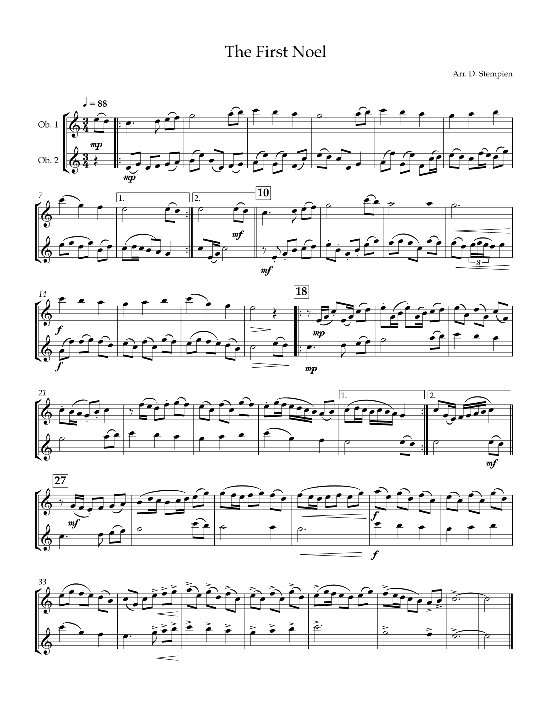 The First Noel for Oboe Duet (Key of C) (arr. Debra E. Stempien) by ...