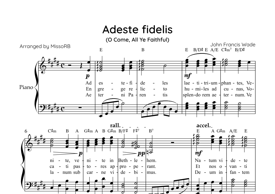 Adeste Fidelis (O Come, All Ye Faithful) - Piano in E Major (Advanced ...