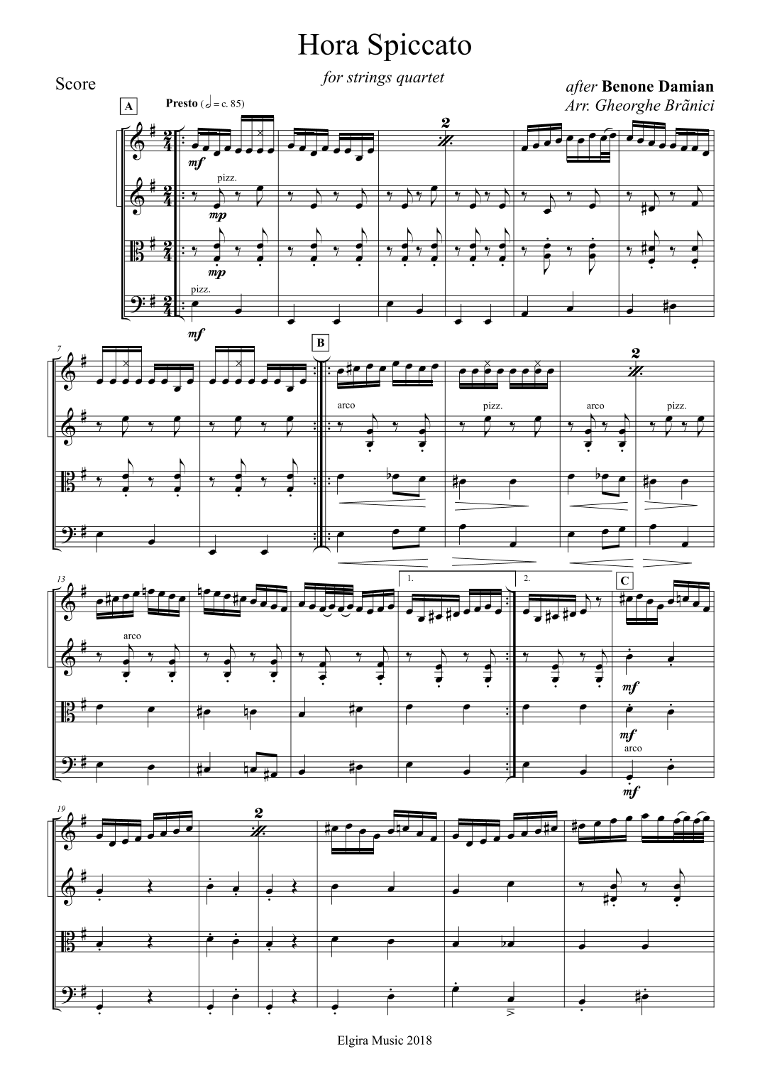 HORA SPICCATO (arr. Gheorghe Brănici) by Benone Damian Sheet Music for ...