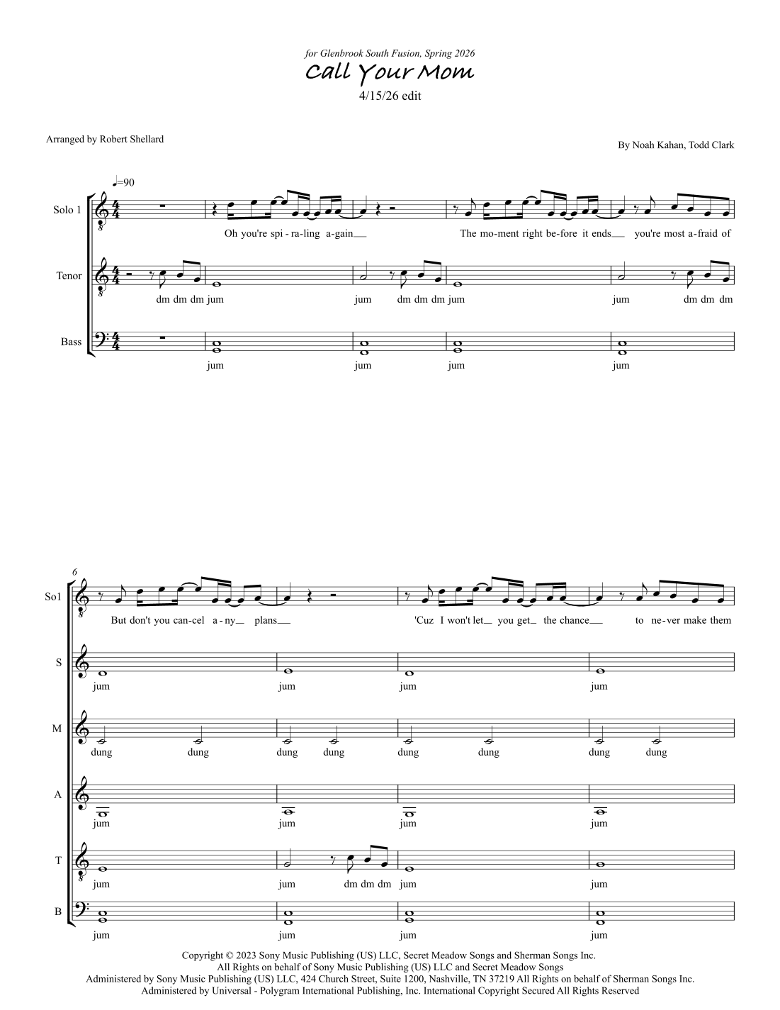 Call Your Mom (arr. Robert Shellard by Noah Kahan Sheet Music for SATB ...