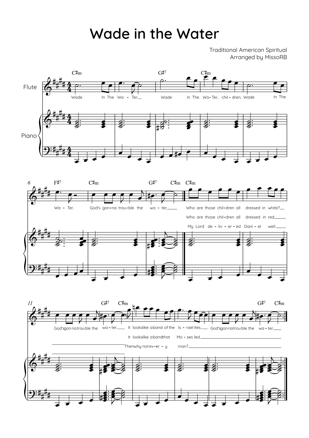 Wade in the Water - Flute in C#m With Chords & Lyric - Easy (arr ...