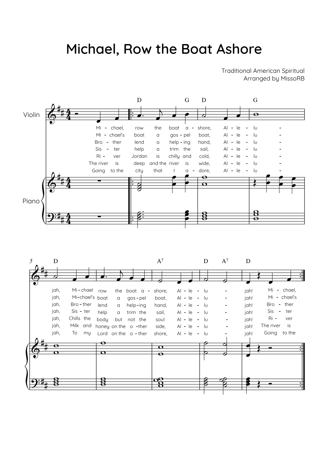 Michael, Row the Boat Ashore - Cello & Piano in D With Chords & Lyric ...