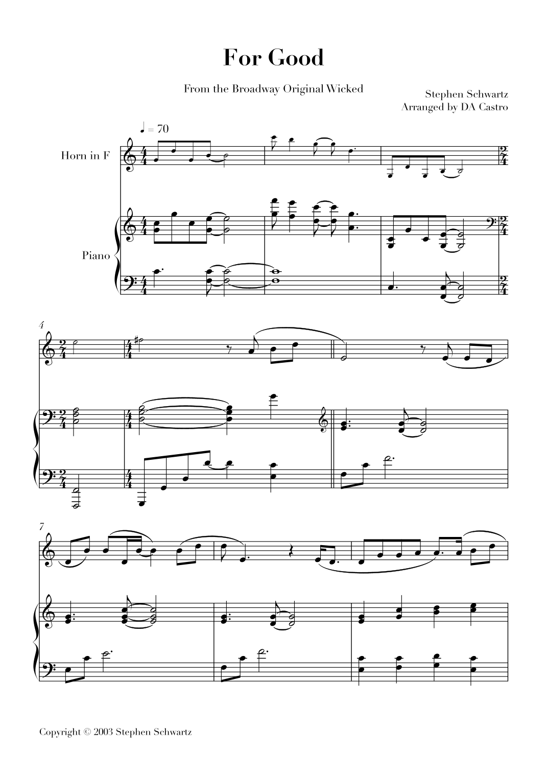 For Good (arr. DA Castro) by Stephen Schwartz Sheet Music for French ...