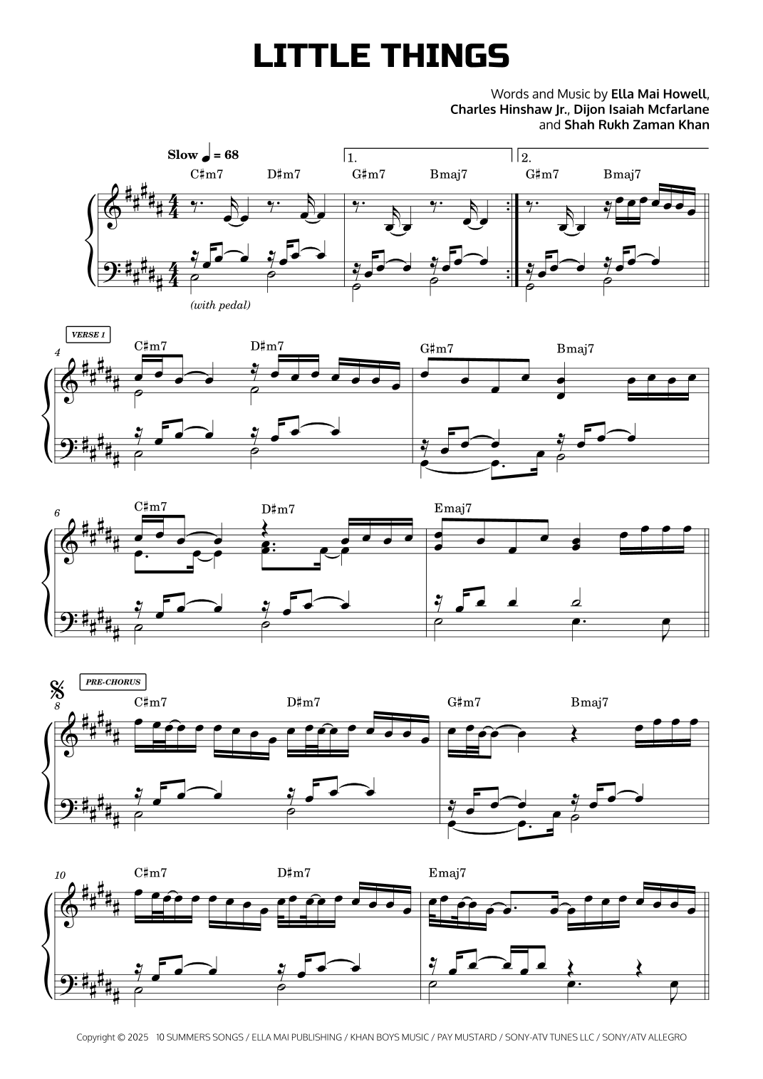 Little Things (arr. Guilherme Correa) by Ella Mai Sheet Music for Piano ...