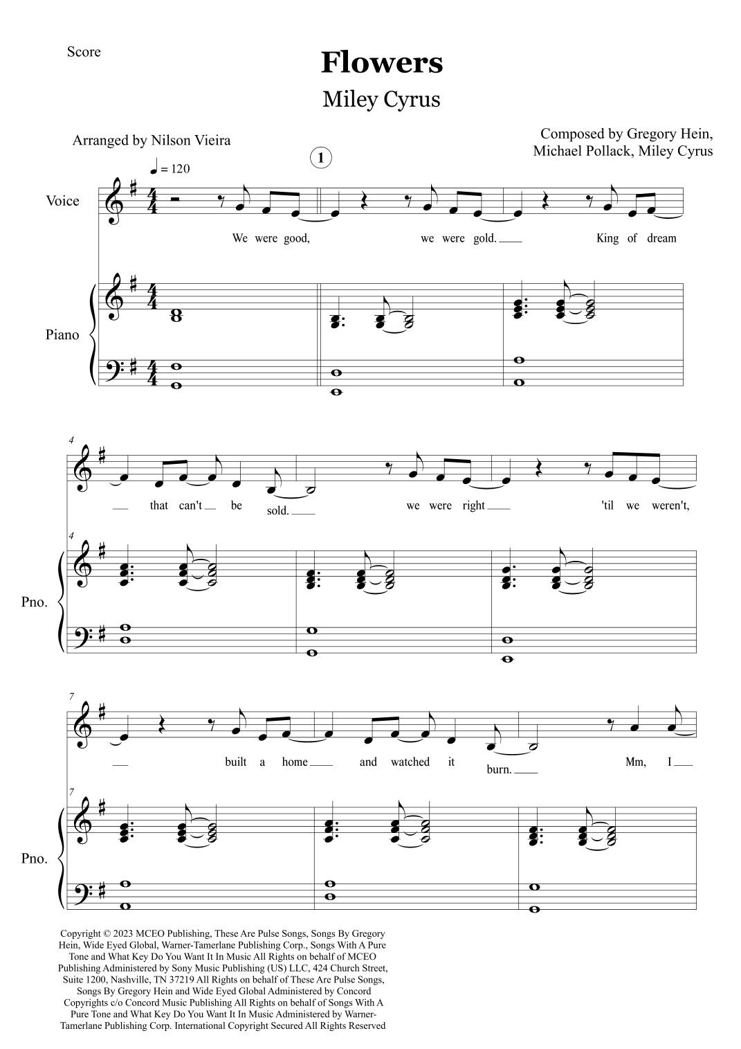 Flowers (arr. Nilson de Melo Vieira) von Miley Cyrus Noten zum Klavier ...
