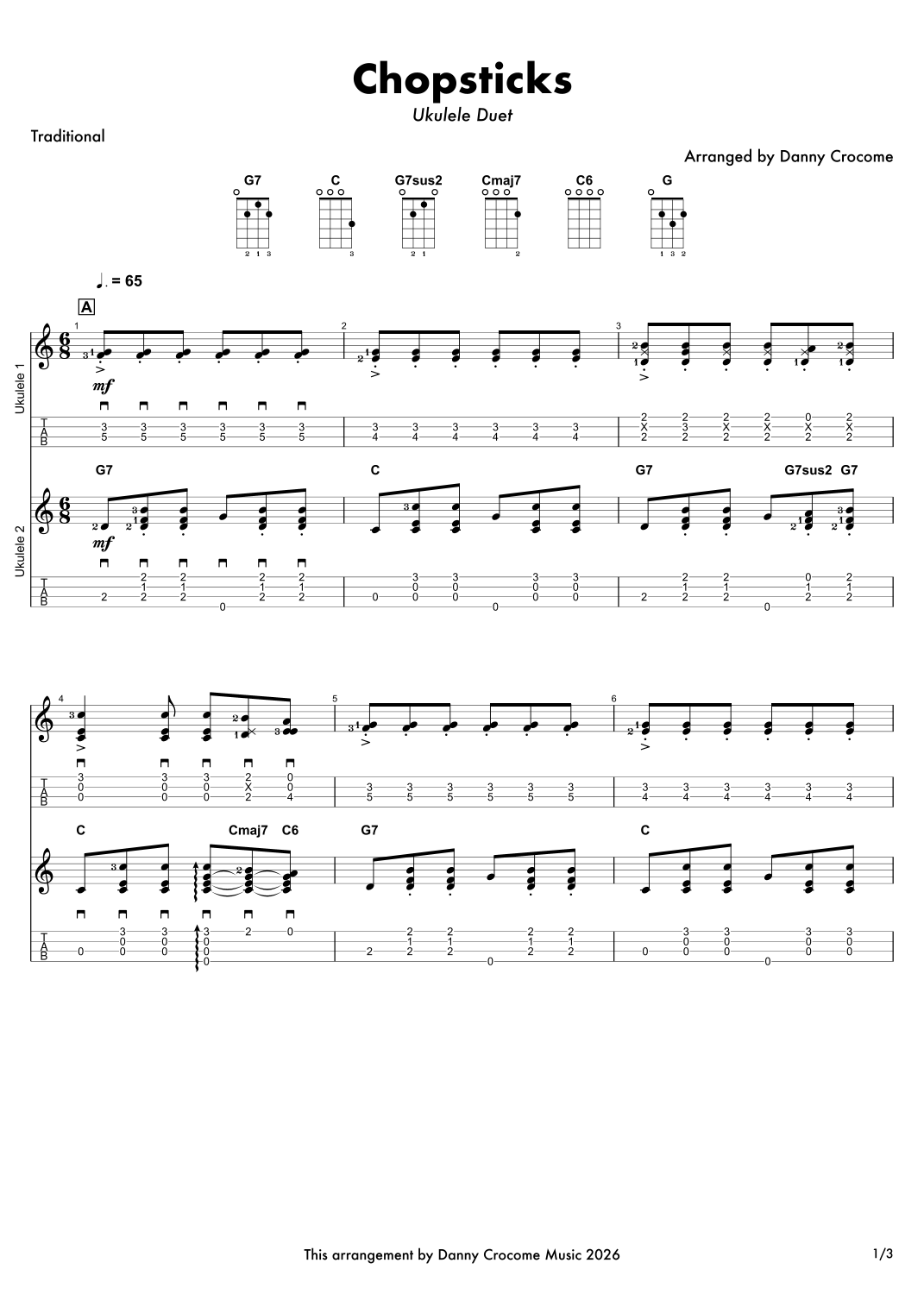 Chopsticks (ukulele duet) (arr. Danny Crocome) by Traditional Sheet ...