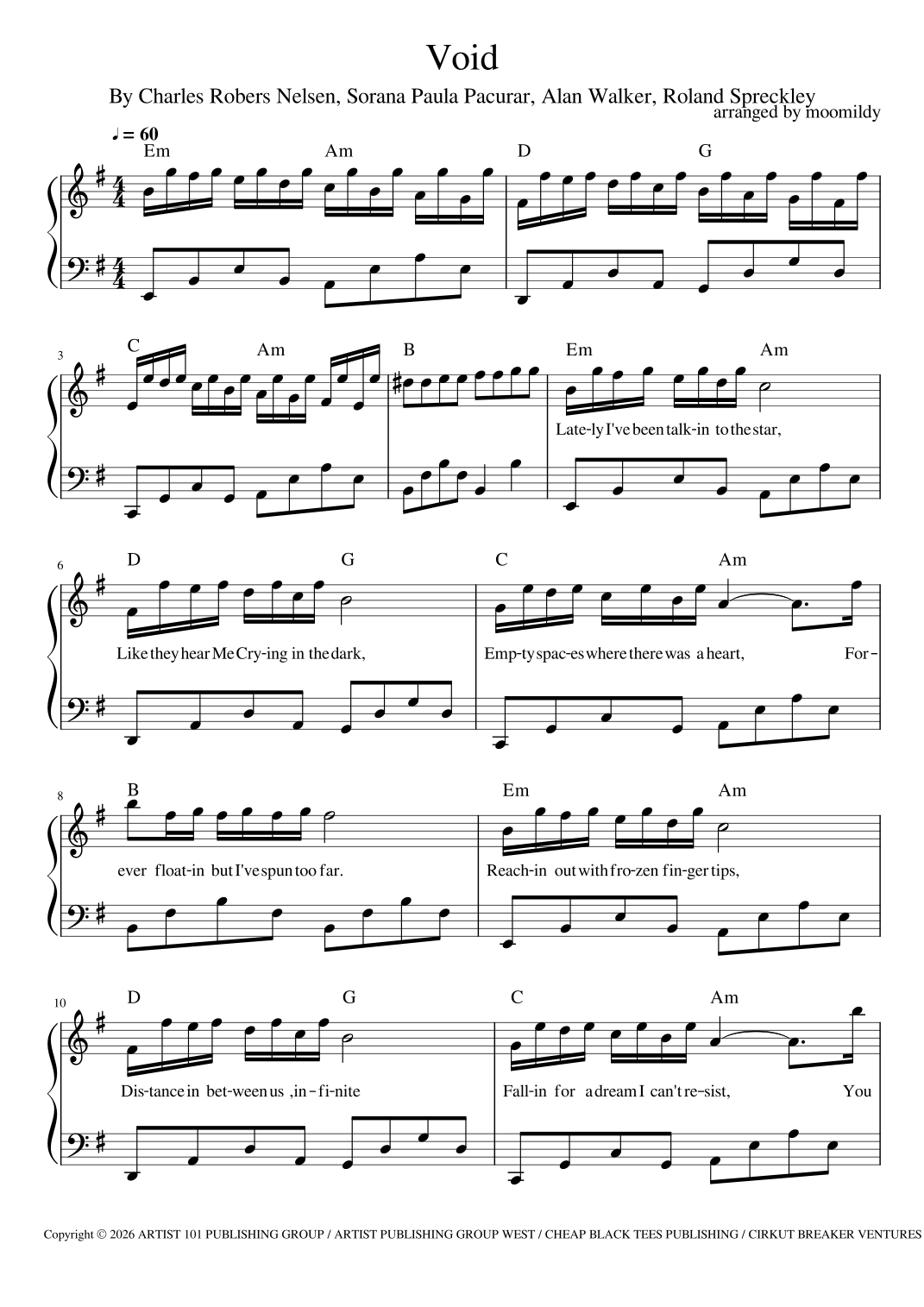 Void (arr. arranged by moomildy) por Alan Walker Partituras para Piano ...