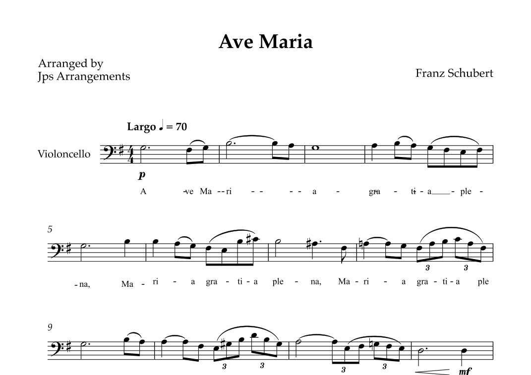 Ave Maria (Schubert) - Easy Cello Solo - Key of G Major - Lyrics (arr ...
