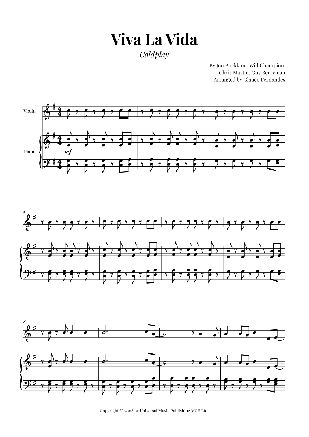 Viva La Vida (arr. Glauco Fernandes) by Coldplay Sheet Music for Violin ...