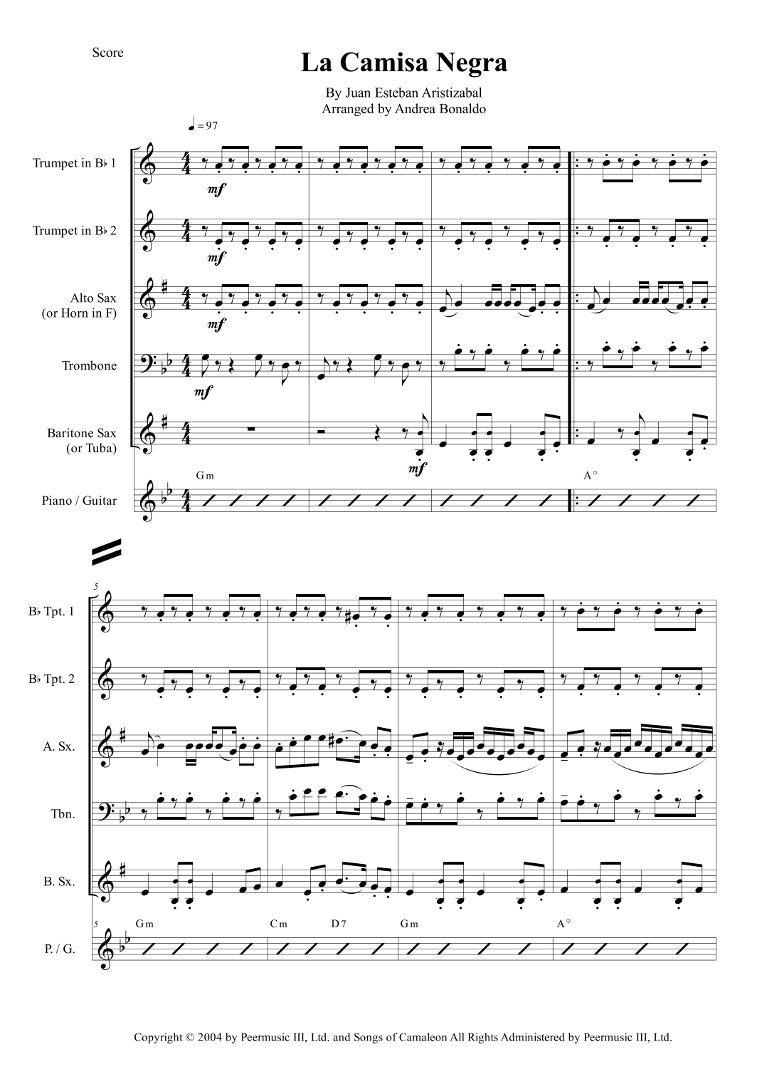 La Camisa Negra (arr. Andrea Bonaldo) by Juanes Sheet Music for Brass ...