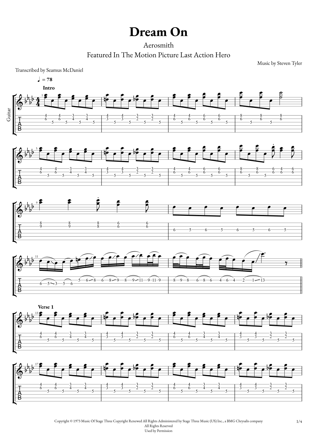 Dream On (arr. Seamus McDaniel) by Aerosmith Sheet Music for Guitar Tab ...