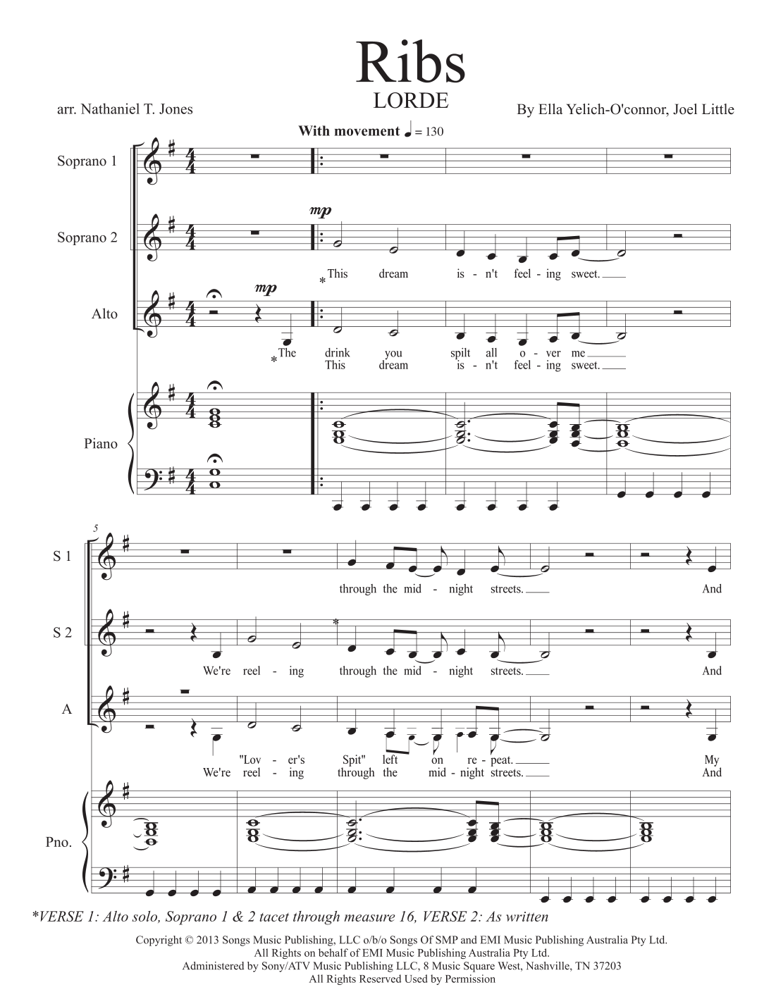 Ribs (arr. Nathaniel T. Jones) by Lorde Sheet Music for SSA Choir at ...
