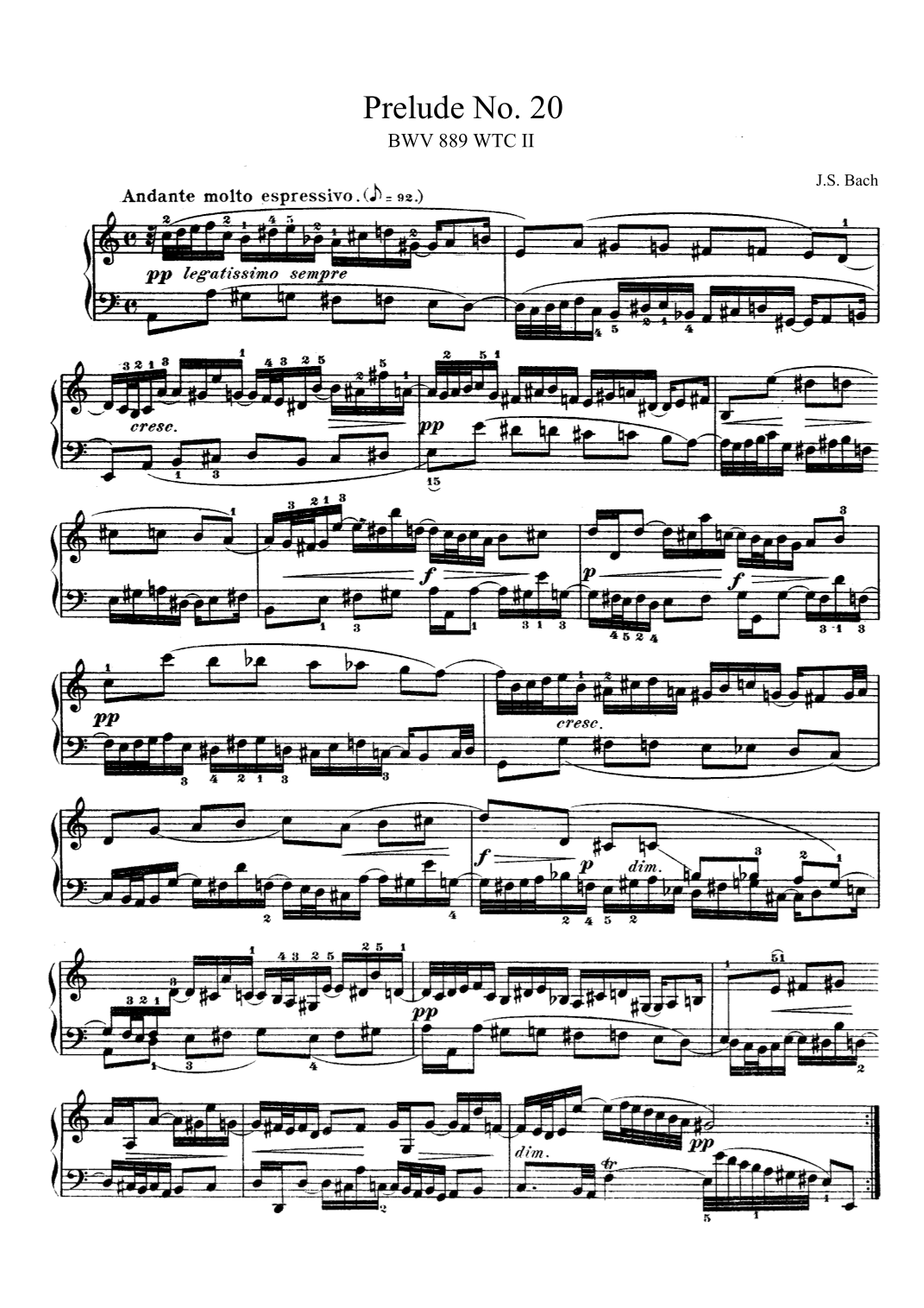 Bach Prelude and Fugue No. 20 BWV 889 in A Minor The Well-Tempered ...