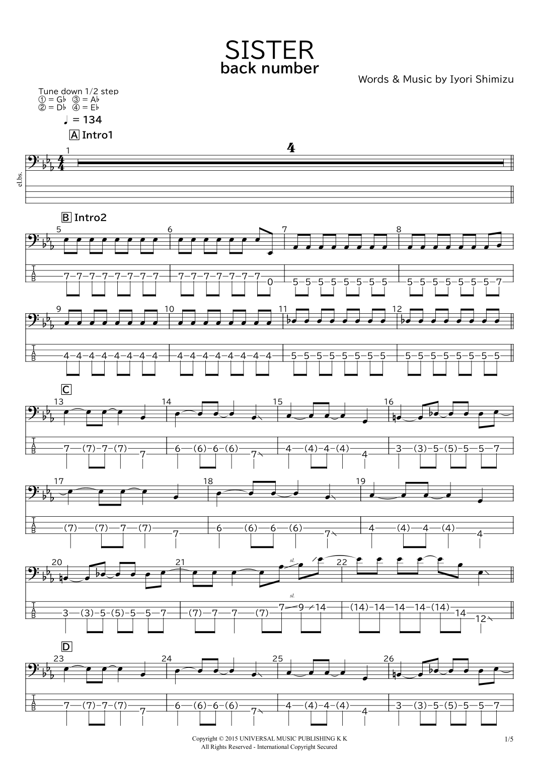 Sister (arr. bassscore.masspro) by Back Number Sheet Music for Bass ...
