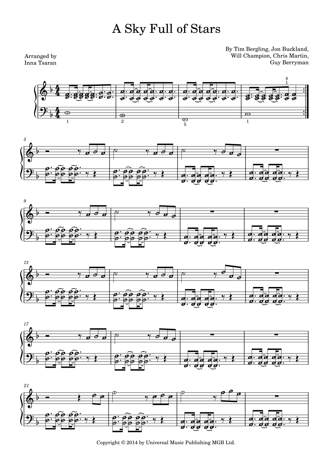 A Sky Full Of Stars (arr. Inna Tsaran) by Coldplay Sheet Music for Easy ...
