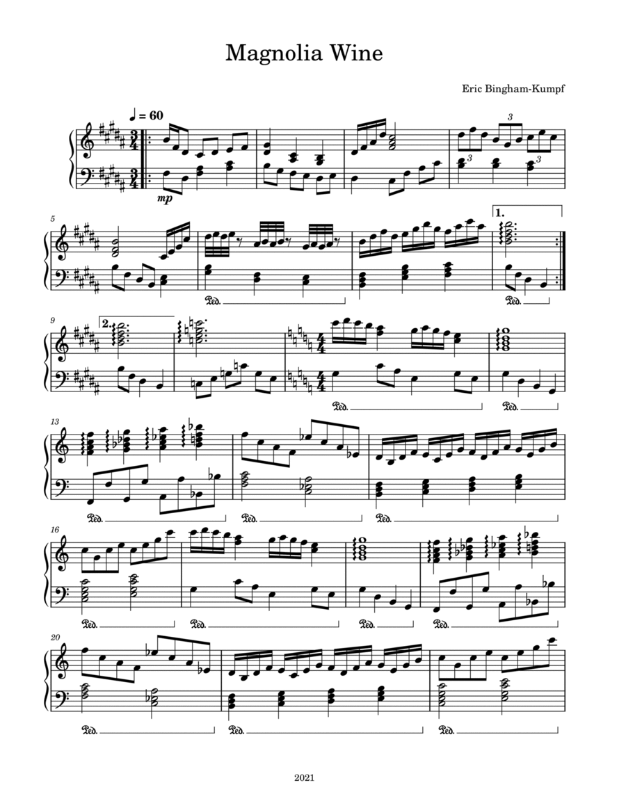 Magnolia Wine Sheet Music | Eric Bingham-Kumpf | Piano Solo