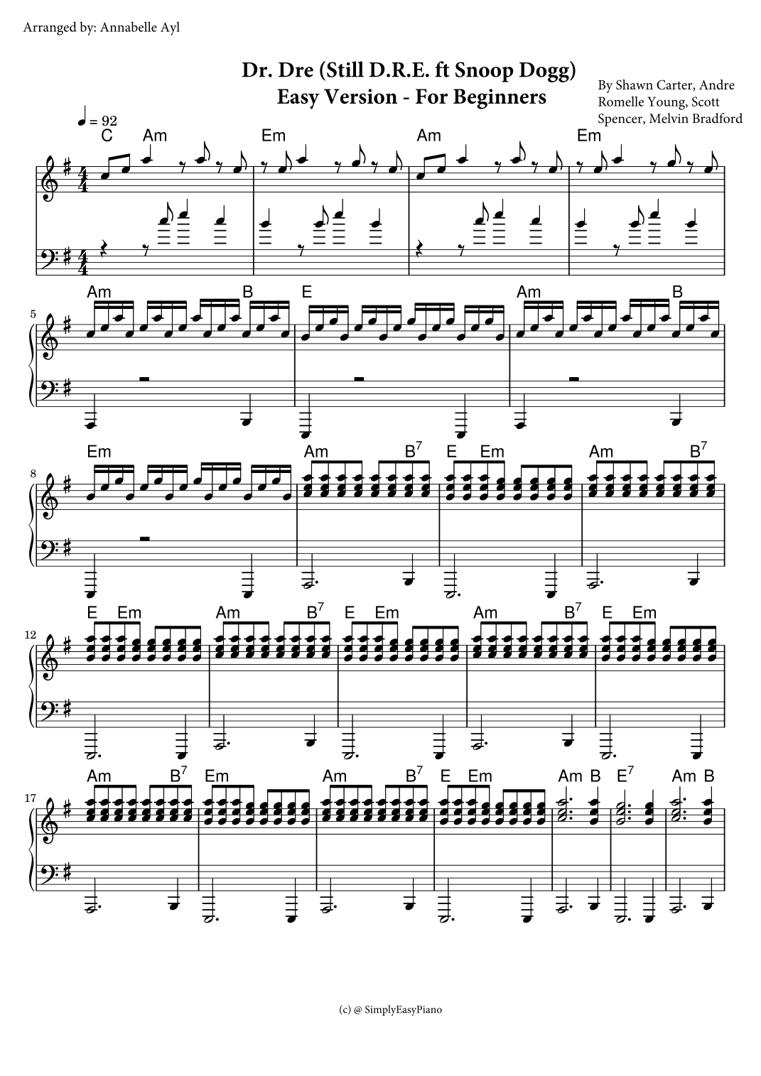 Still D.r.e. (arr. Annabelle Ayl) by Dr. Dre Sheet Music for Easy Piano ...