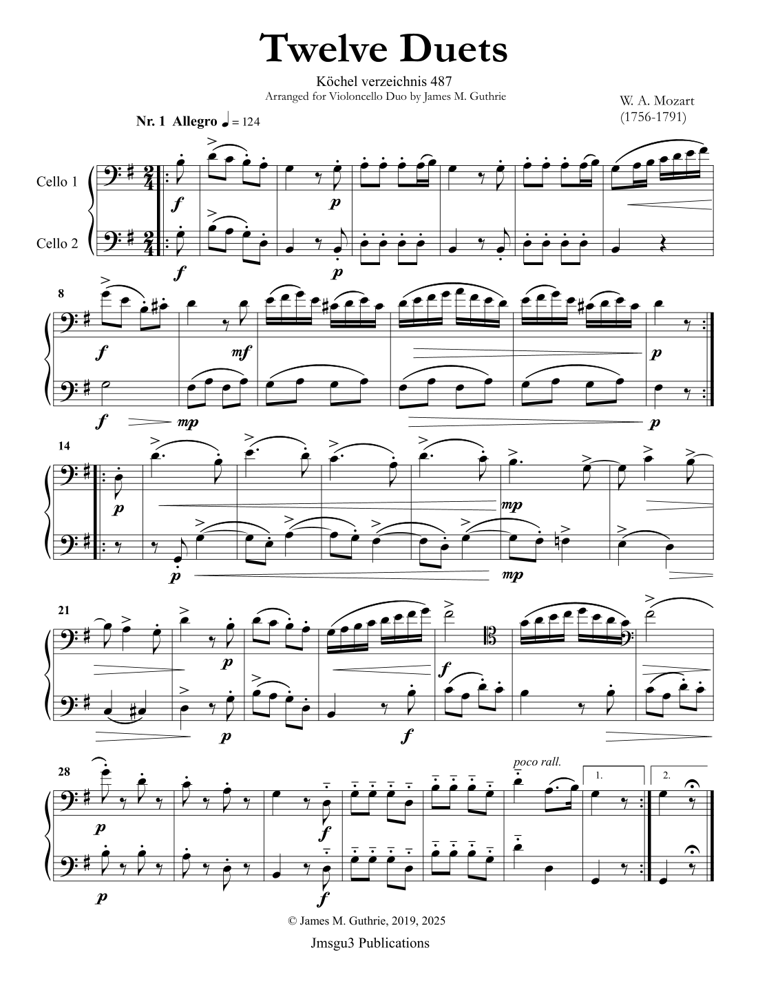 Mozart: Twelve Duets K. 487 for Cello Duo (arr. James M. Guthrie, ASCAP ...