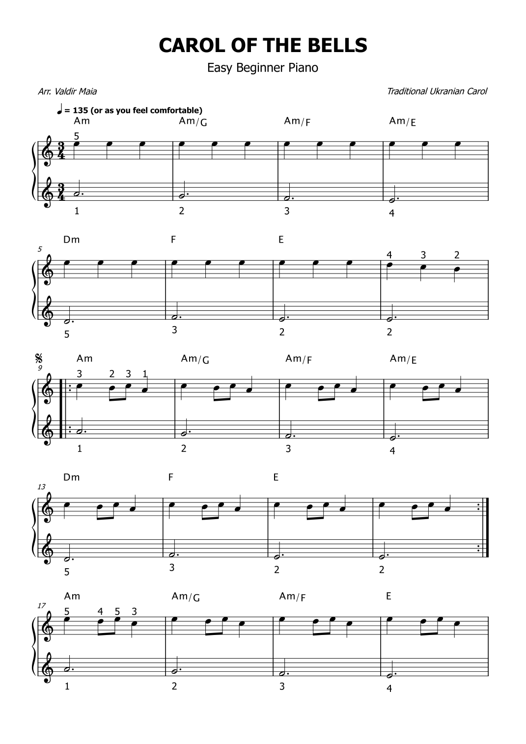 Carol of the Bells – Easy Beginner Piano with FINGERINGS (arr. Valdir ...