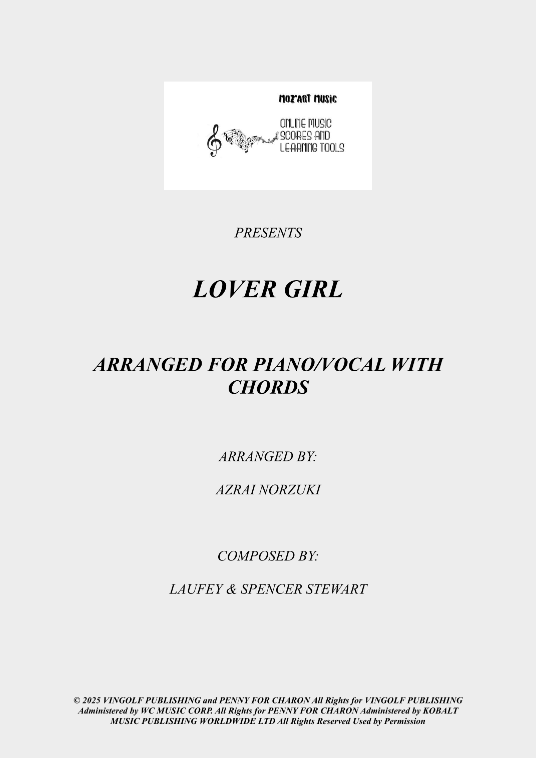 Lover Girl (arr. Azrai Norzuki) by Laufey Sheet Music for Piano Chords ...