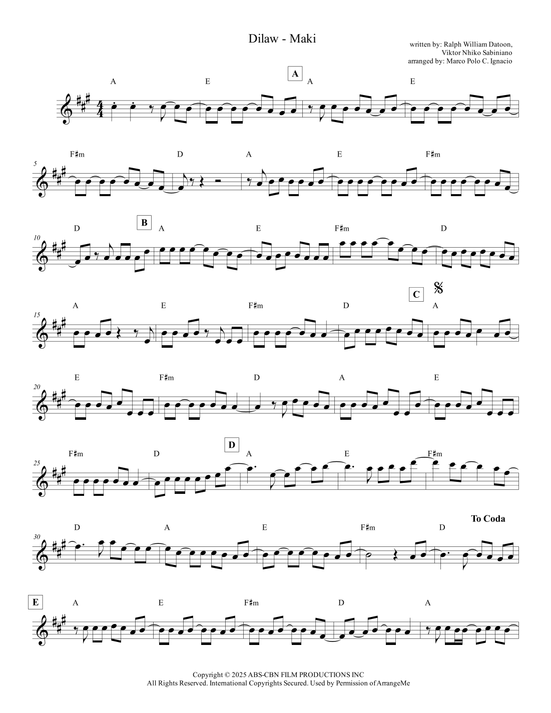 Dilaw (arr. Marco Polo Ignacio) by Ralph William Datoon Sheet Music for ...