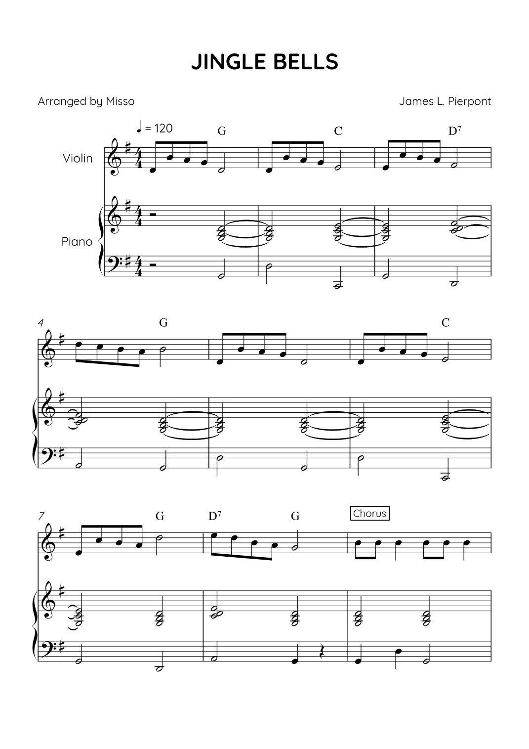 Jingle Bells - Violin & Piano in G Major (Easy With Chords) (arr. MissoRB) by James L. Pierpont ...