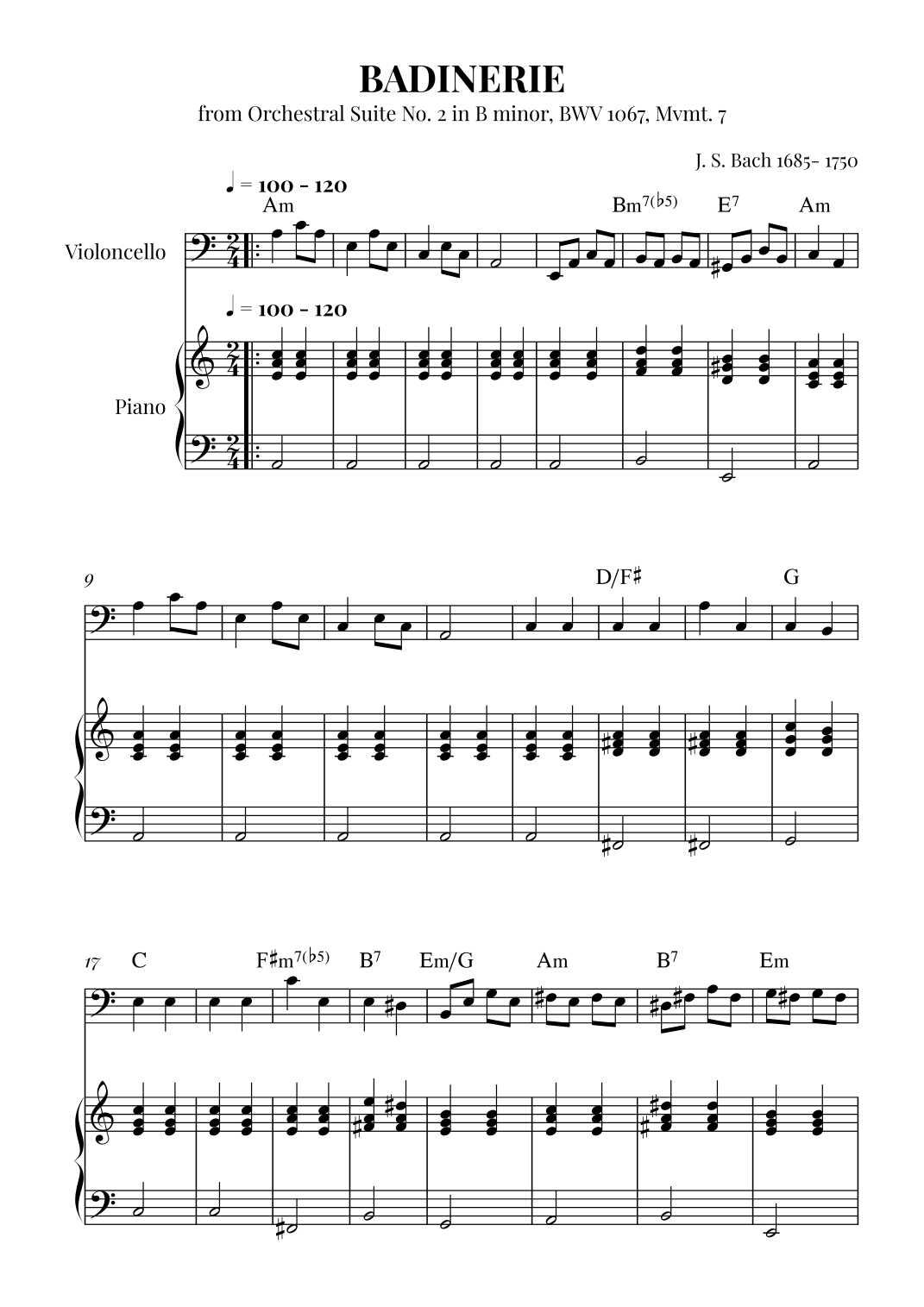 Badinerie (BWV 1067) – Easy Cello and Piano (with Chords) (arr ...