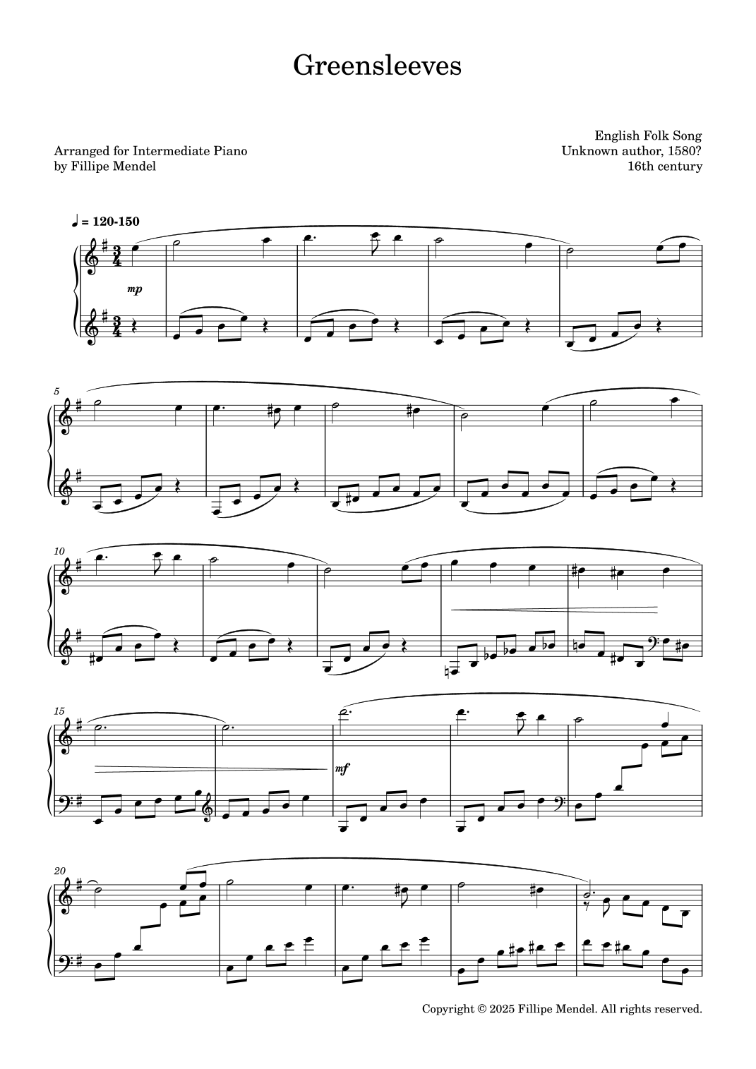Greensleeves (arr. Fillipe Mendel) von Fillipe Mendel Noten zum Klavier ...