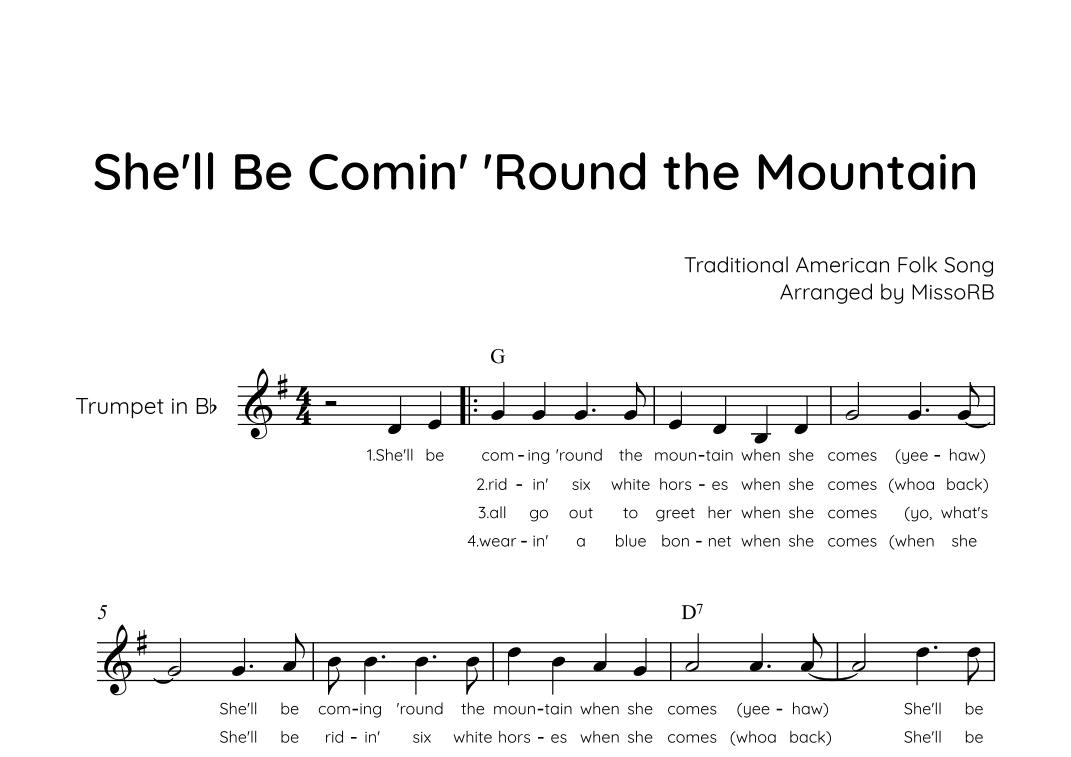 She'll Be Comin''Round the Mountain - Trumpet in F With Chords & Lyric ...