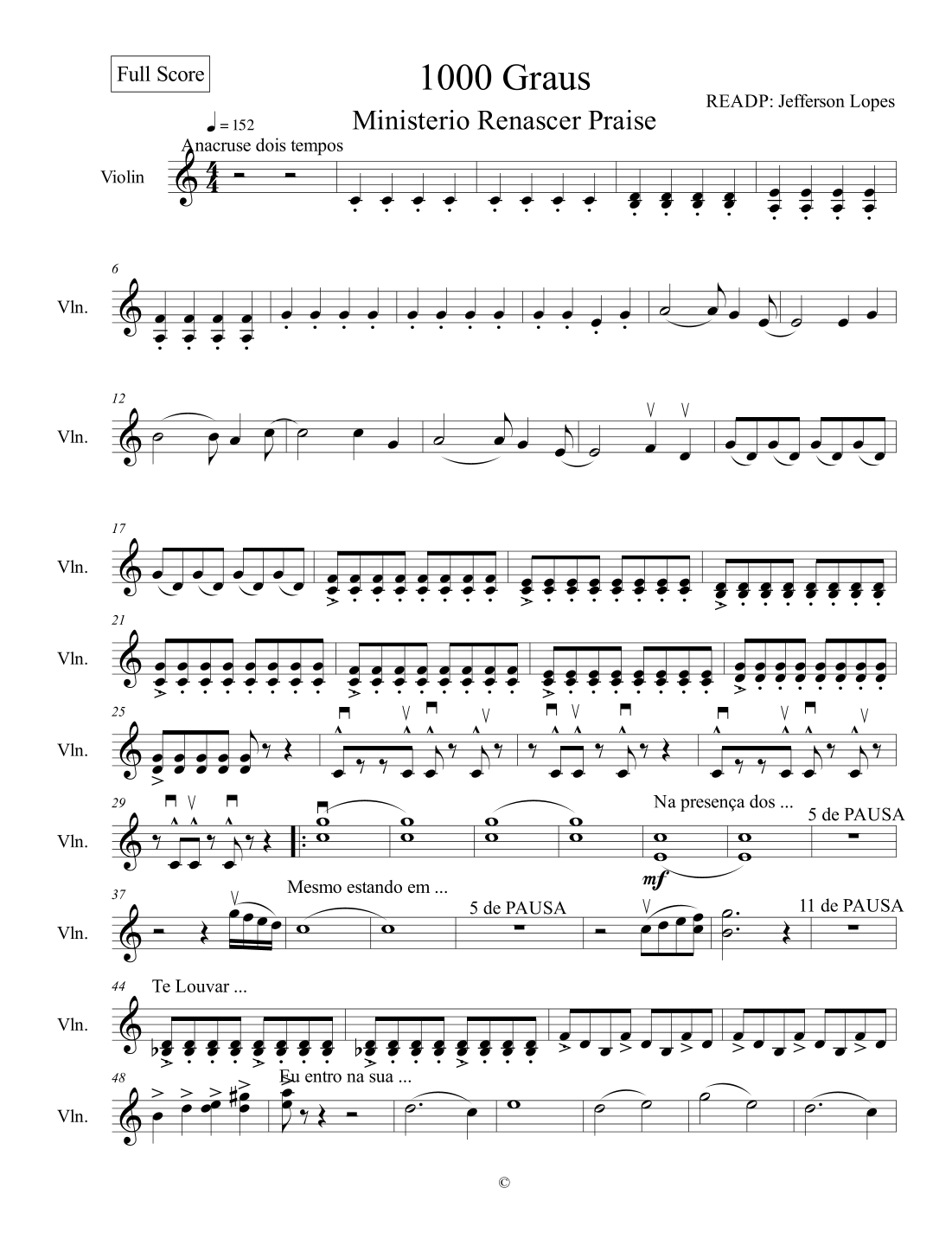 Mil graus (arr. Jefferson Lopes) by Clóvis Pinho Sheet Music for Violin ...
