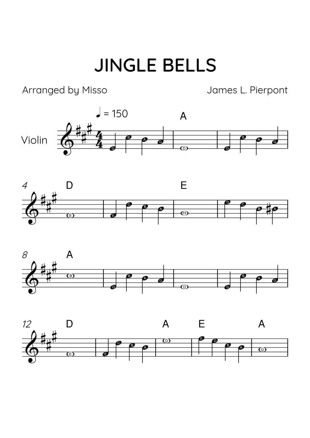 Jingle Bells - Violin in A Major (Beginner With Chords & Letter Names ...