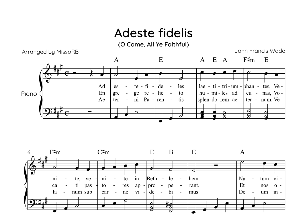 Adeste Fidelis (O Come, All Ye Faithful) - Piano in A Major (Beginner ...