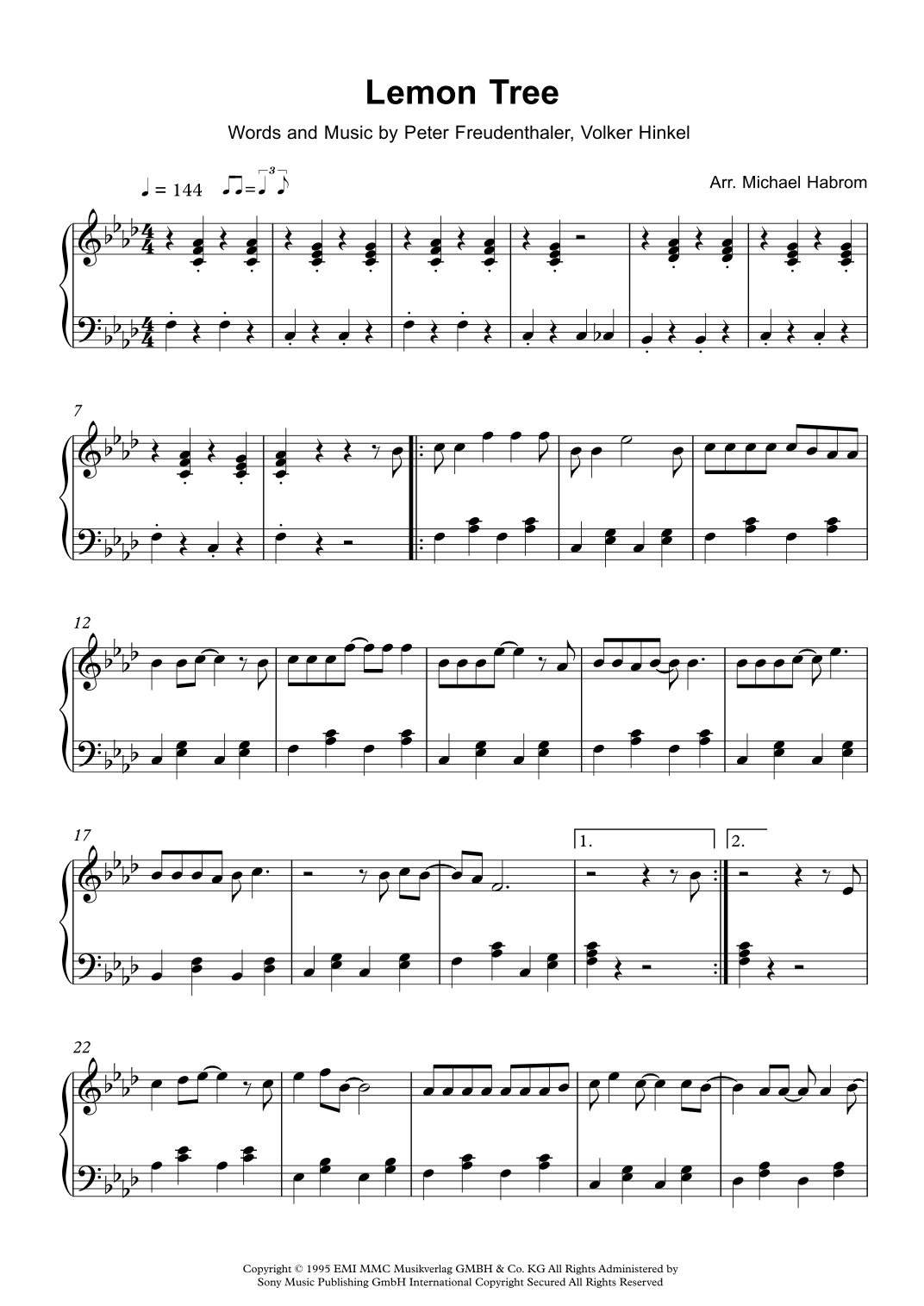 Lemon Tree (arr. Michael Habrom) by Fool'S Garden Sheet Music for Easy ...