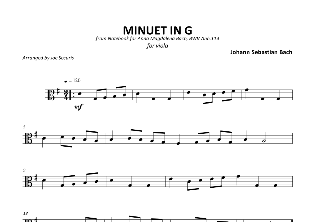Minuet in G (arr. Joe Securis) by Johann Sebastian Bach Sheet Music for ...