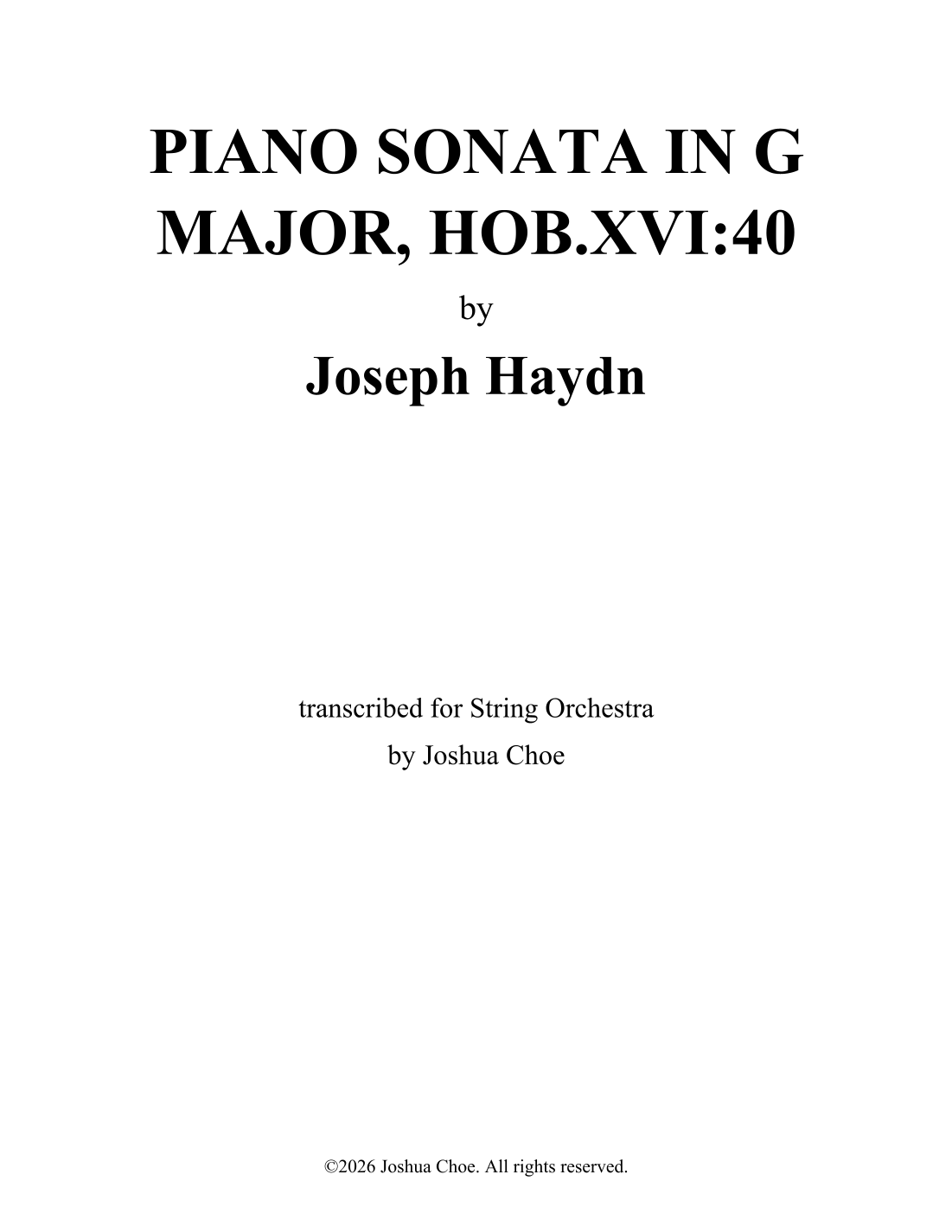 Piano Sonata in G Major, Hob.XVI:40 (arr. Joshua Choe) by Joseph Haydn ...