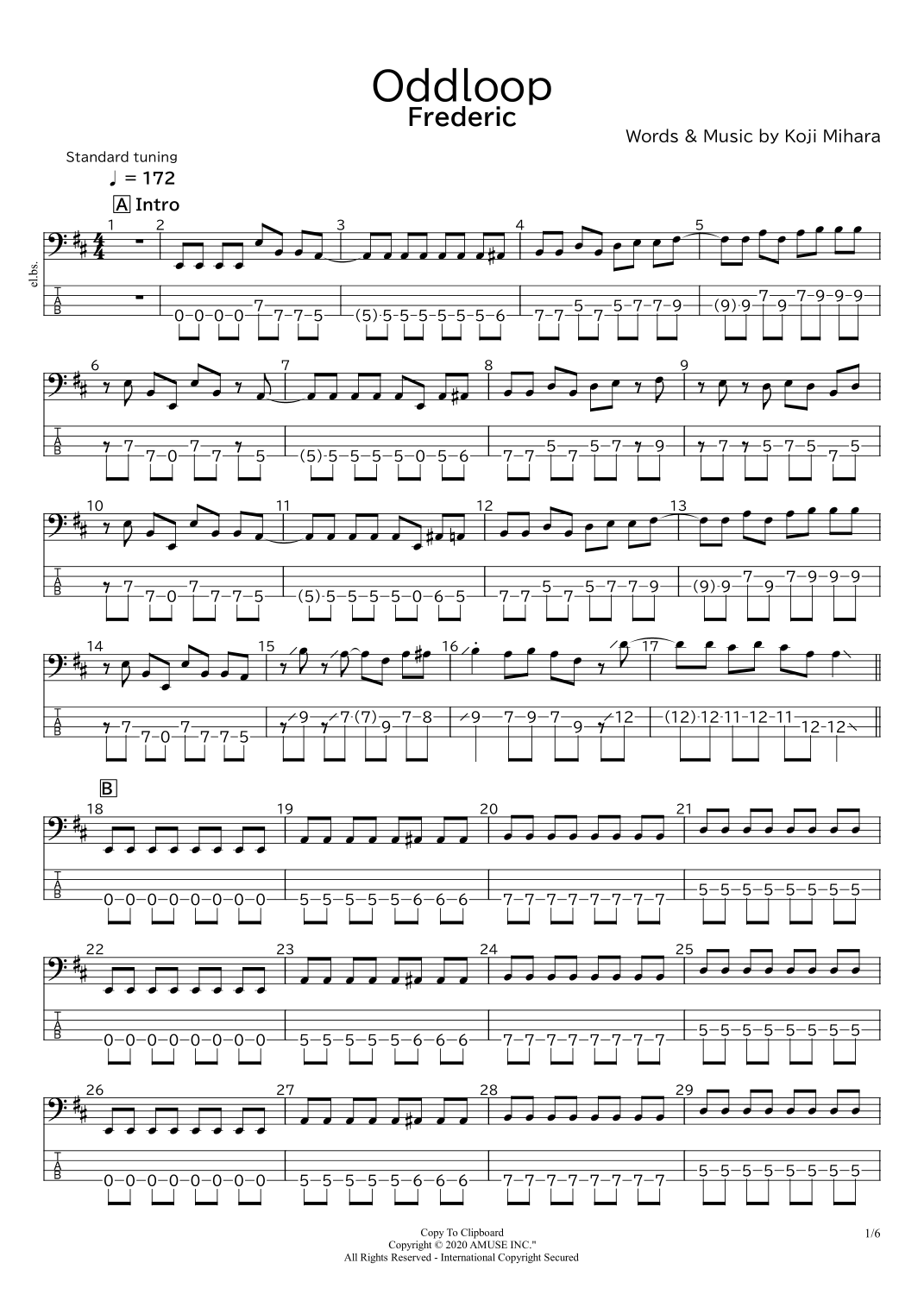 Oddloop (arr. bassscore.masspro by Frederic Sheet Music for Bass Guitar ...