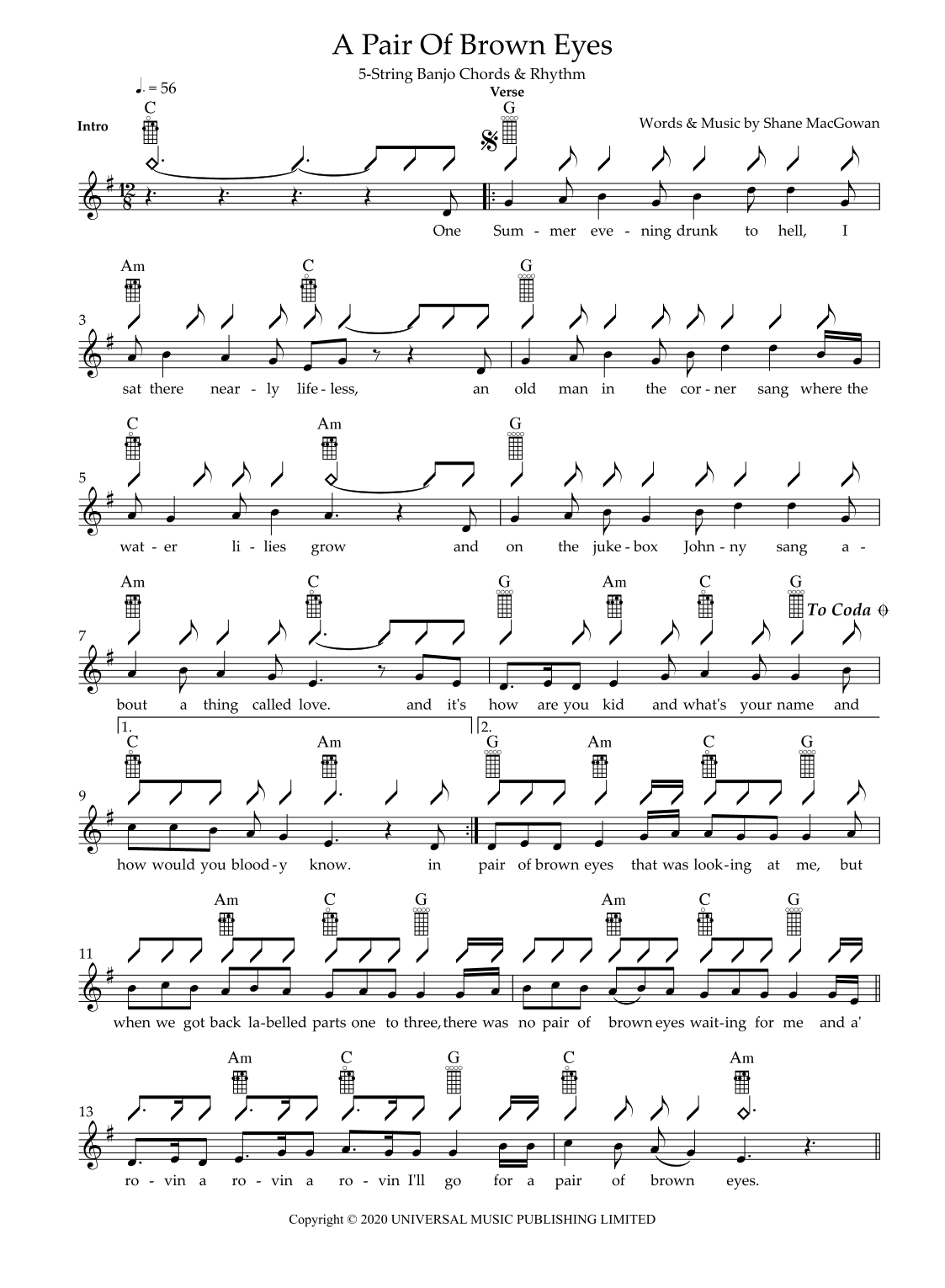 A Pair Of Brown Eyes (arr. Eden Armstrong) by The Pogues Sheet Music ...