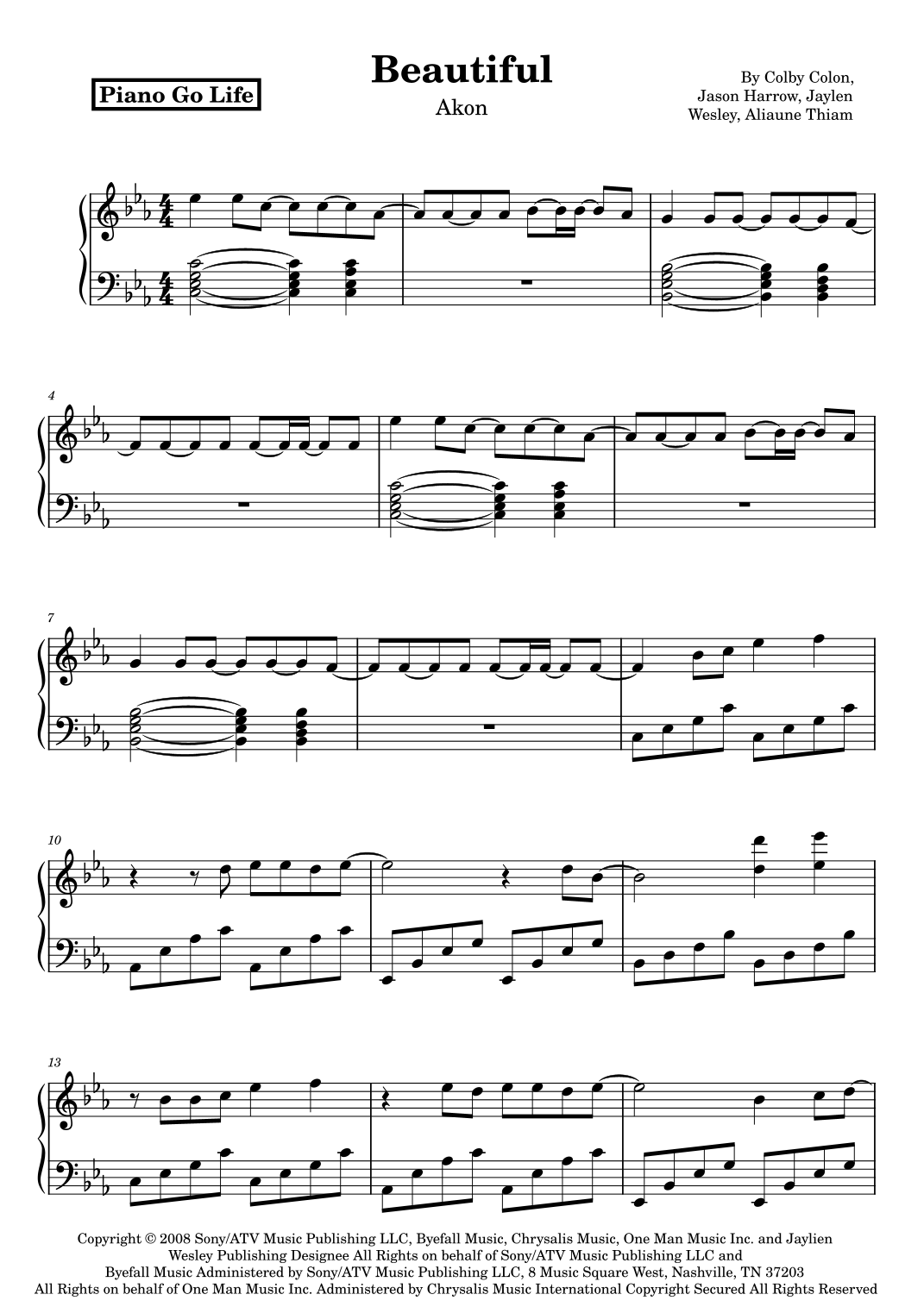 Beautiful (arr. Piano Go Life) by Akon Featuring Colby O'donis ...
