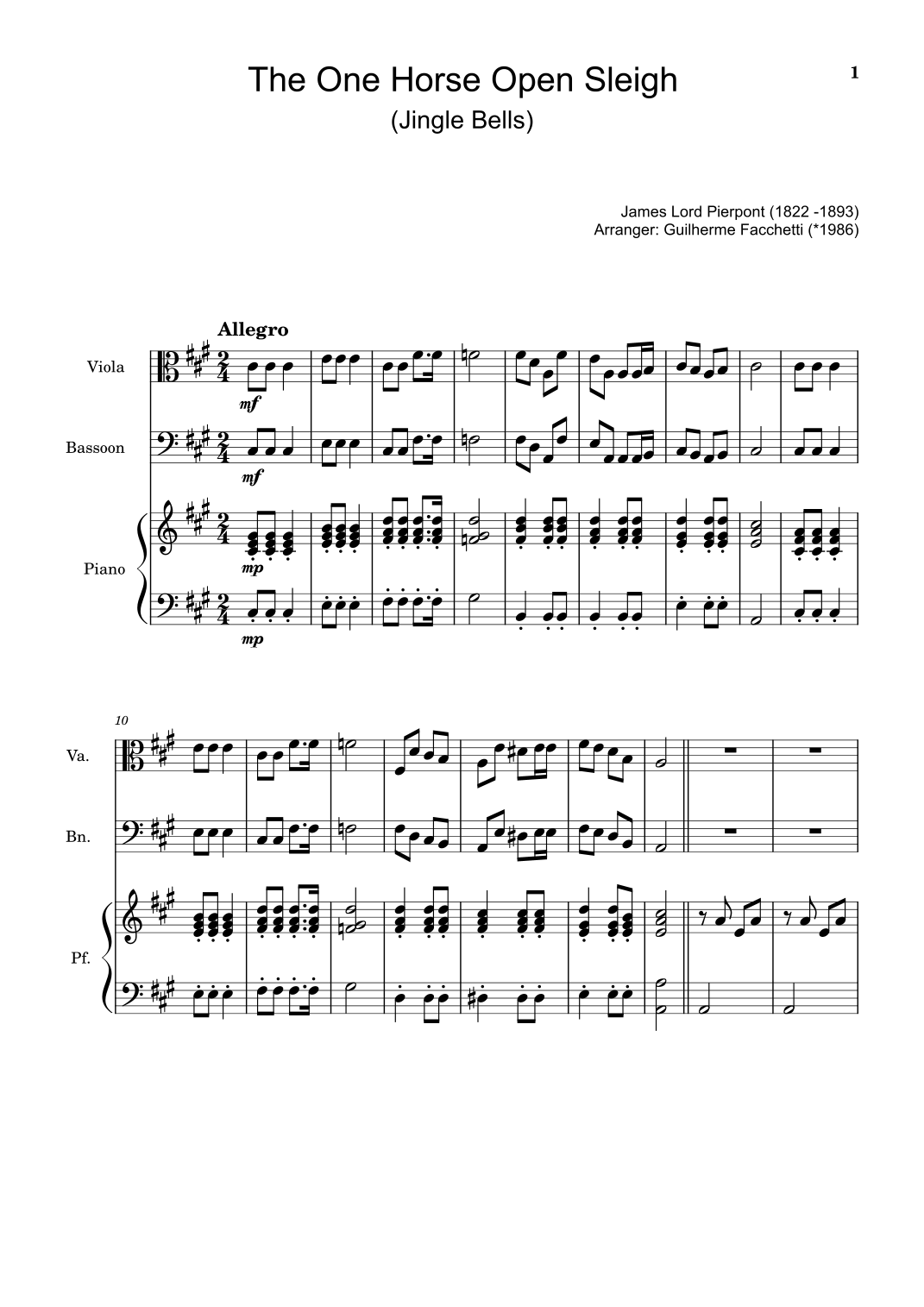 Jingle Bells - Viola, Bassoon and Piano. With Parts (arr. Guilherme ...