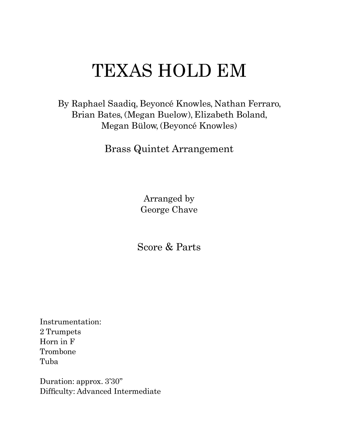 Texas Hold 'em (arr. George B Chave) by Beyoncé Sheet Music for Brass ...