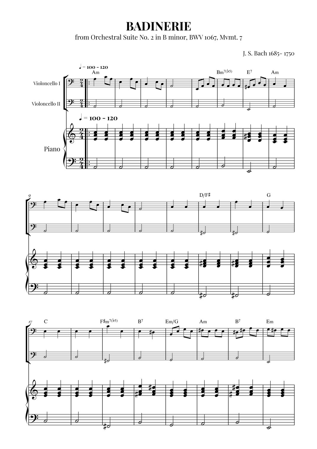 Badinerie (BWV 1067) - Easy Cello Duet with Piano (with Chords) (arr ...