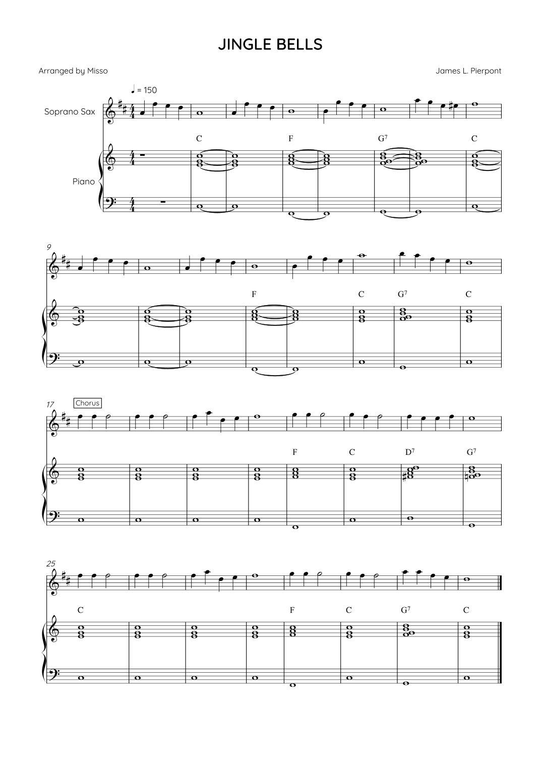 Jingle Bells - Soprano Sax & Piano in C Major - Beginner With Chords (arr. MissoRB) par James L ...