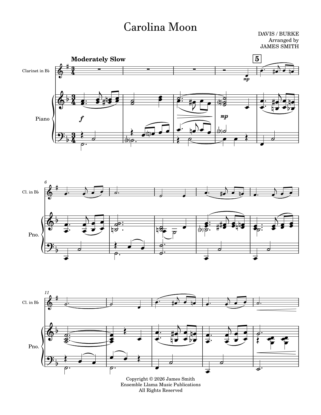 Carolina Moon - Arranged for Clarinet Solo & Piano Accompaniment (arr ...