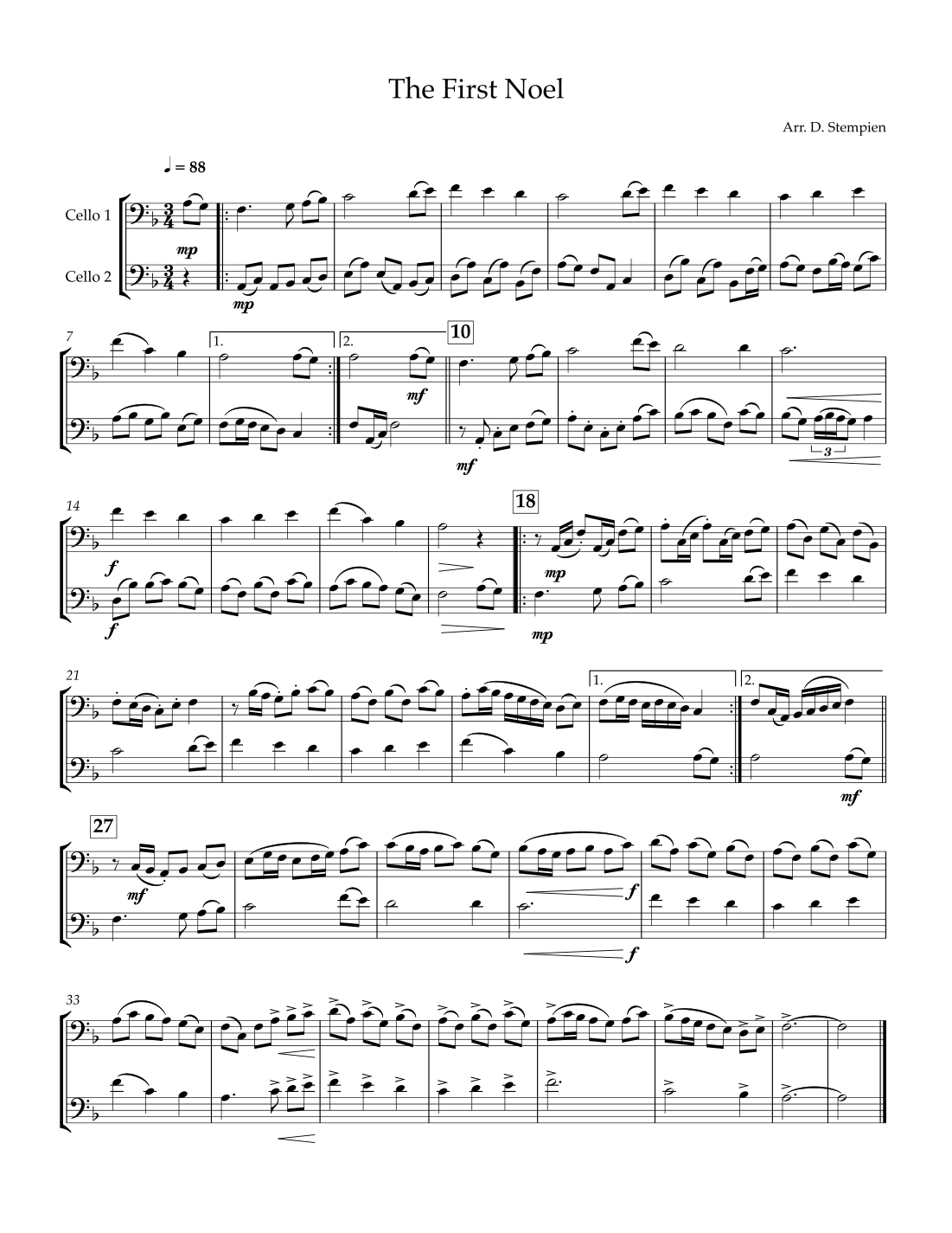 The First Noel for Cello Duet (Key of F) (arr. Debra E. Stempien) by ...
