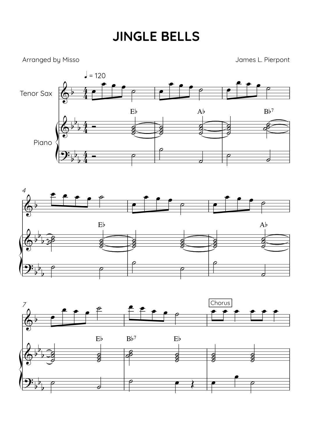 Jingle Bells - Tenor Sax & Piano in Eb Major (Beginner With Chords ...