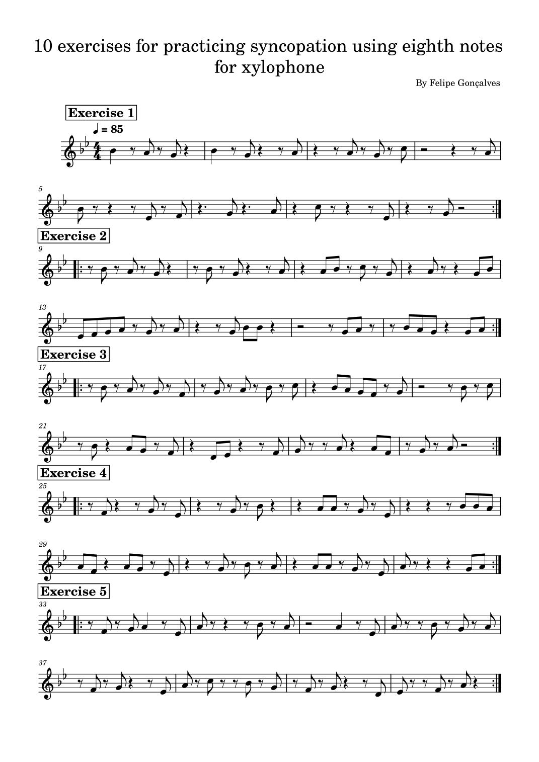 10 exercises for syncopation using eighth notes for xylophone in A# ...