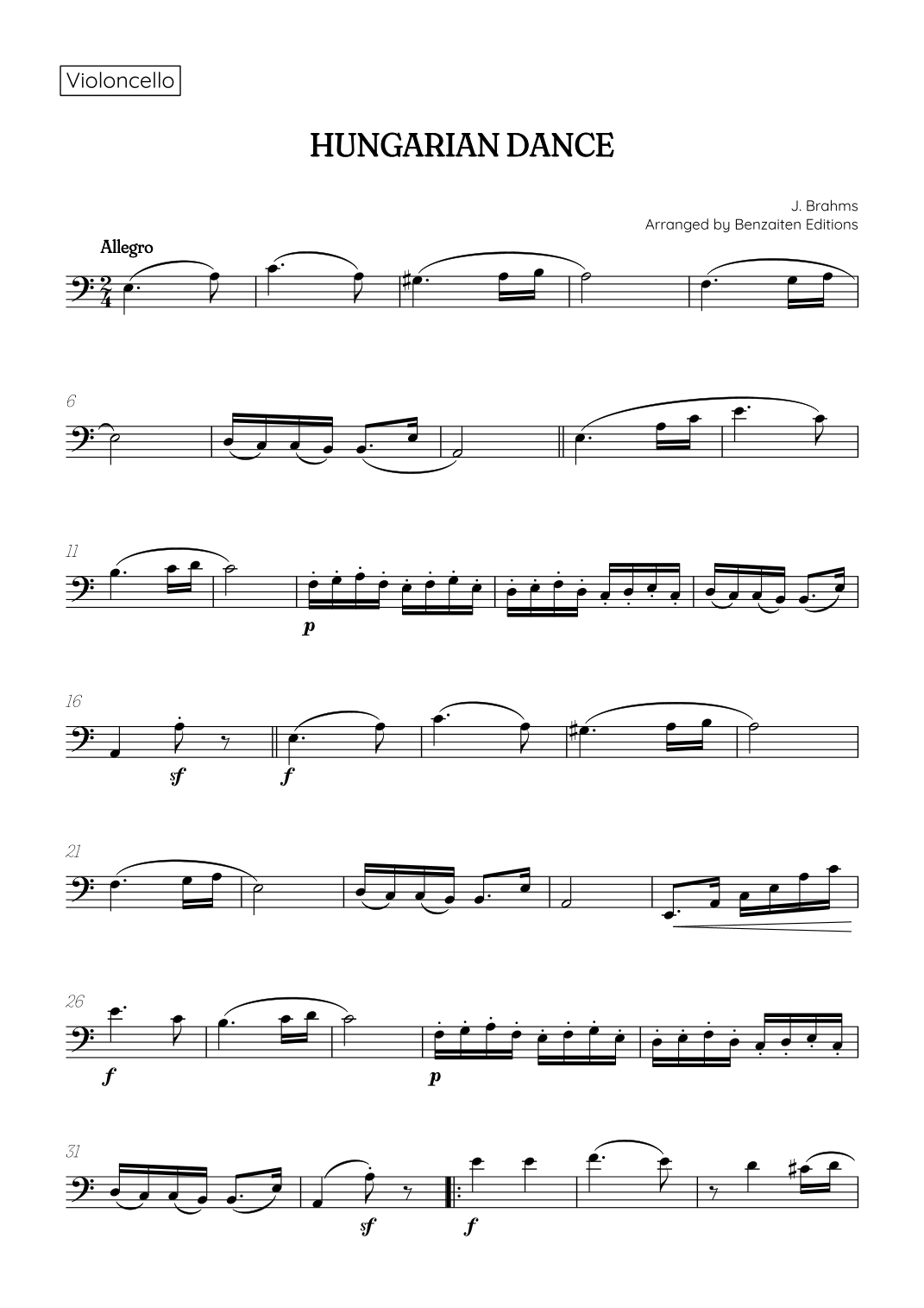 Brahms: Hungarian Dance No. 5 | cello sheet music (A minor) (arr ...